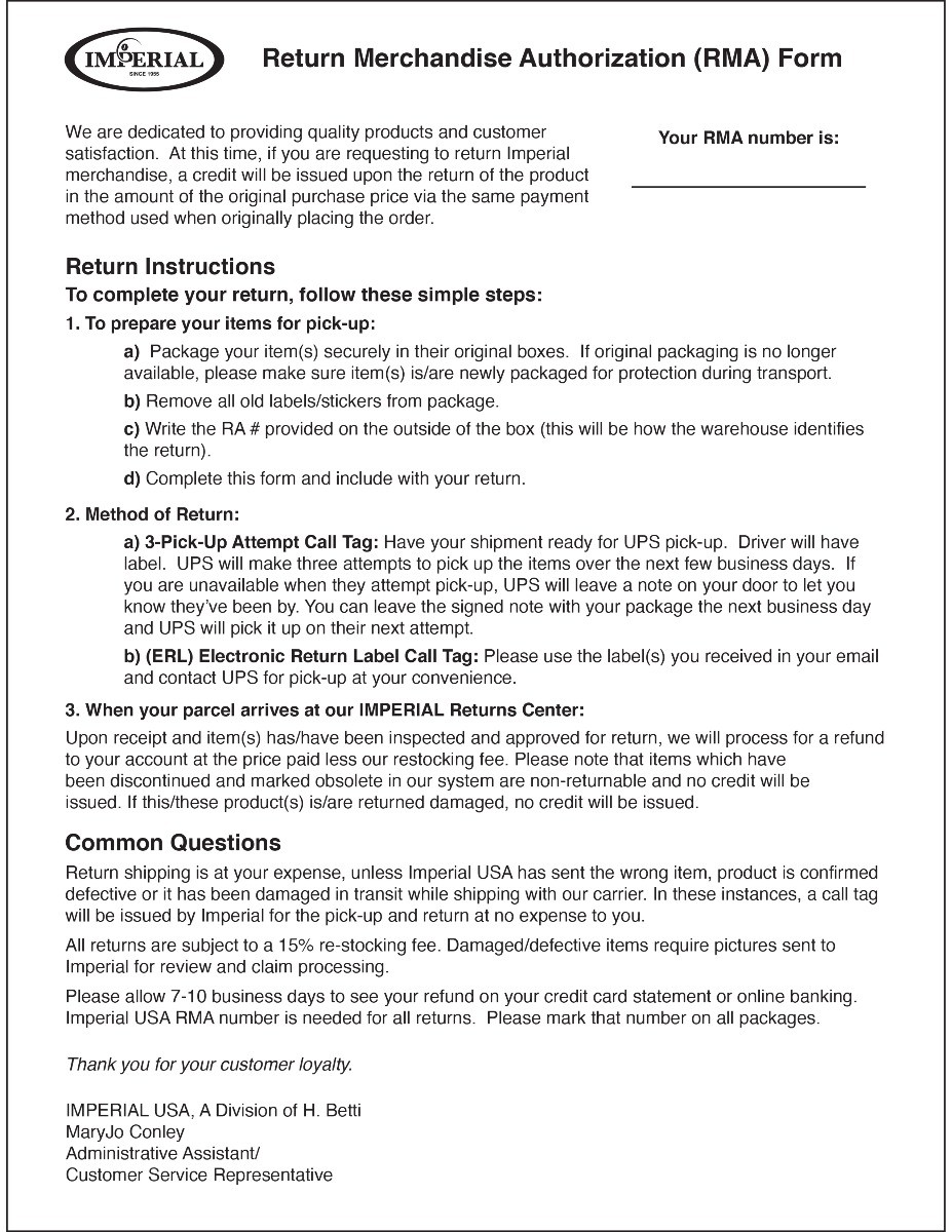 Imperial | Shipping & Returns